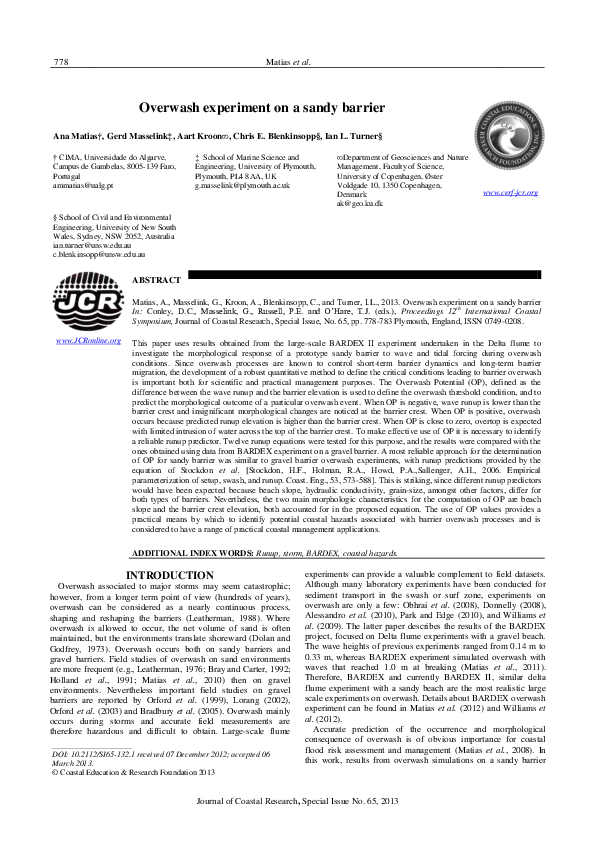 (PDF) Overwash experiment on a sandy barrier