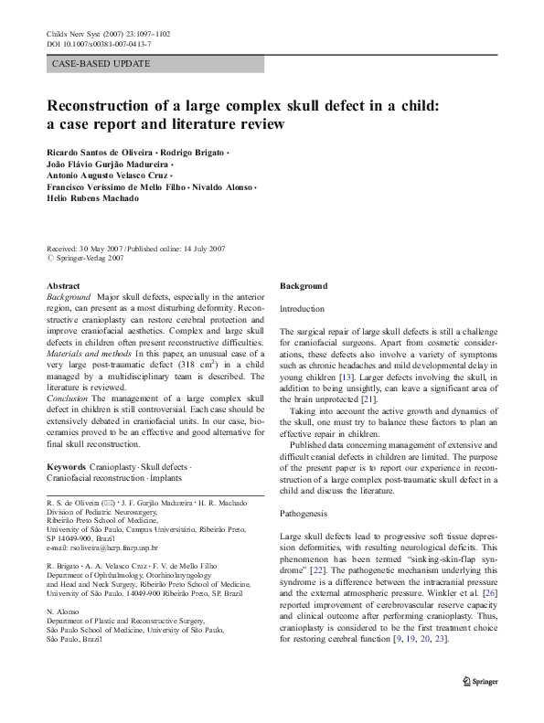 (PDF) Reconstruction of a large complex skull defect in a child: a case report and literature review