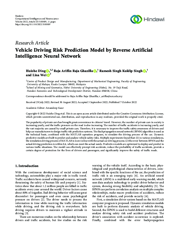 (PDF) Vehicle Driving Risk Prediction Model by Reverse Artificial ...
