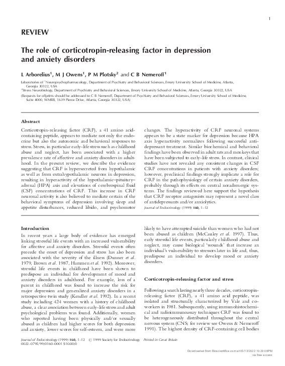 (PDF) The role of corticotropin-releasing factor in depression and anxiety disorders