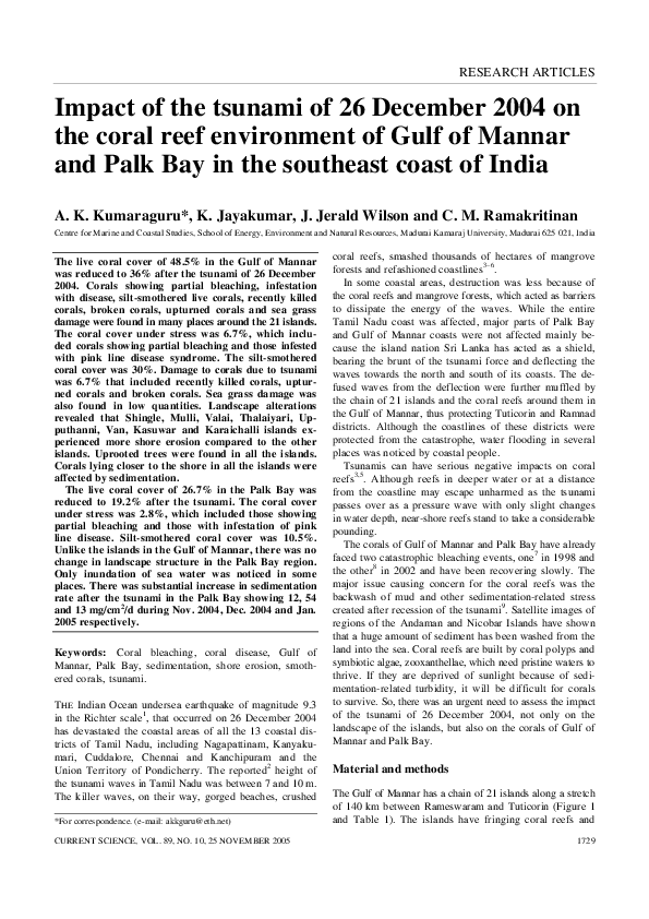(PDF) Impact of the tsunami of 26 December 2004 on the coral reef ...