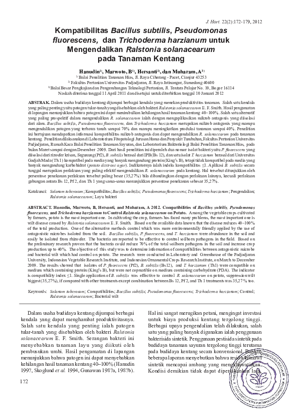 (PDF) Kompatibilitas Bacillus subtilis, Pseudomonas fluorescens, dan Trichoderma harzianum untuk ...