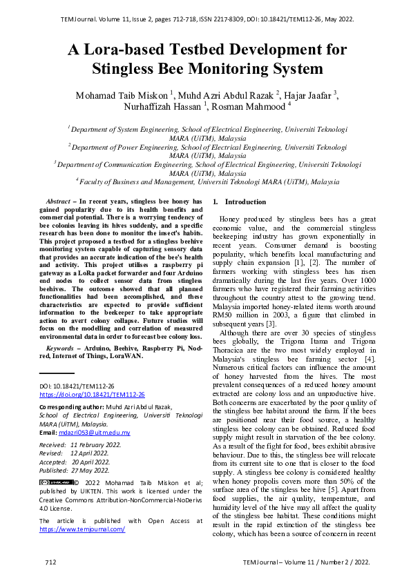 (PDF) A Lora-based Testbed Development for Stingless Bee Monitoring System