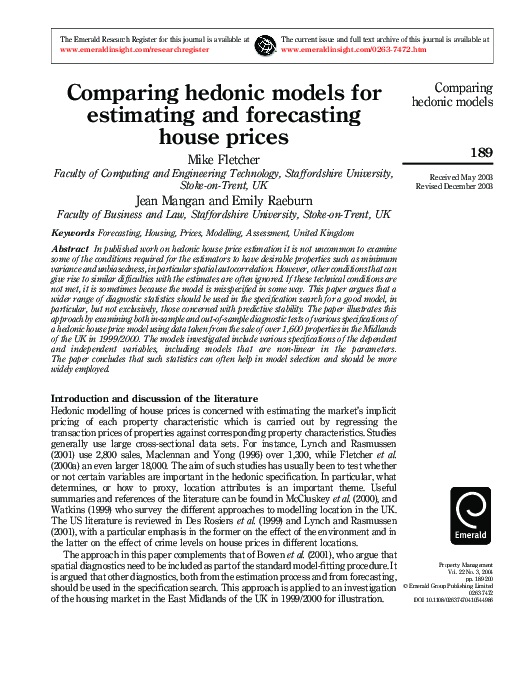 (PDF) Comparing hedonic models for estimating and forecasting house prices