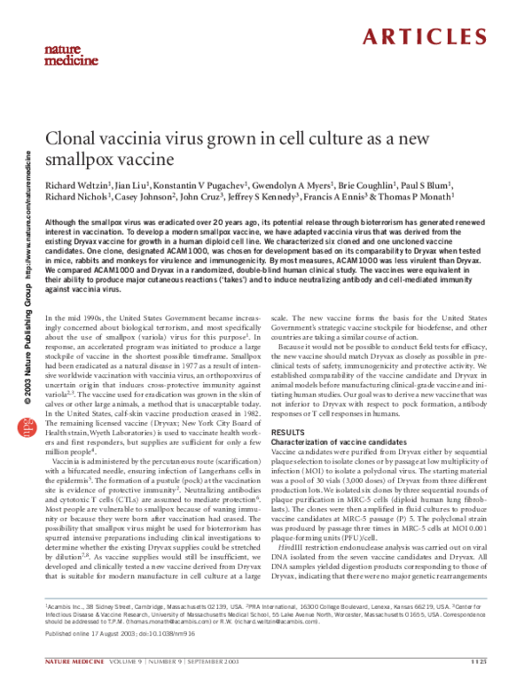 (PDF) Clonal vaccinia virus grown in cell culture as a new smallpox vaccine