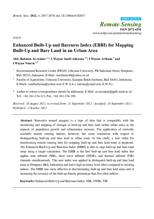 (PDF) Enhanced Built-Up and Bareness Index (EBBI) for Mapping Built-Up ...