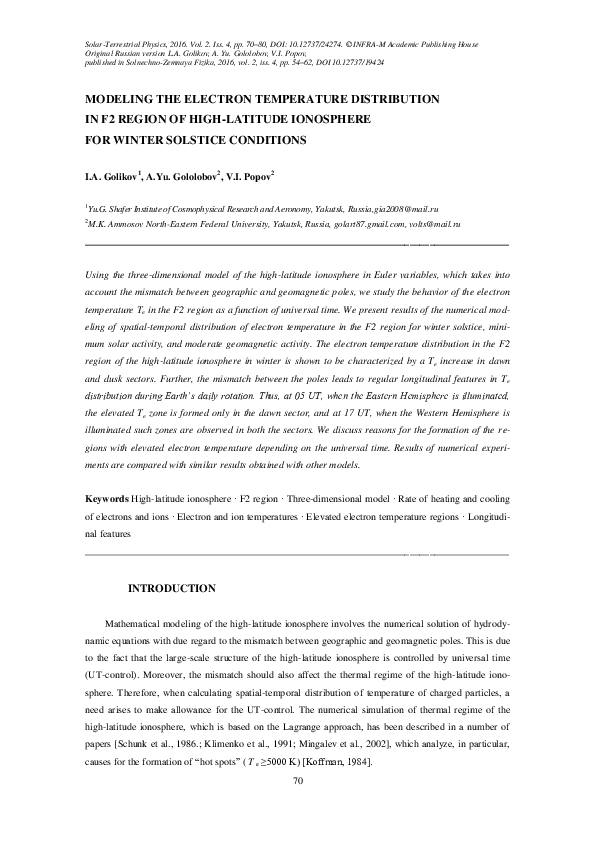 (PDF) Modeling the electron temperature distribution in F2 region of high-latitude ionosphere ...