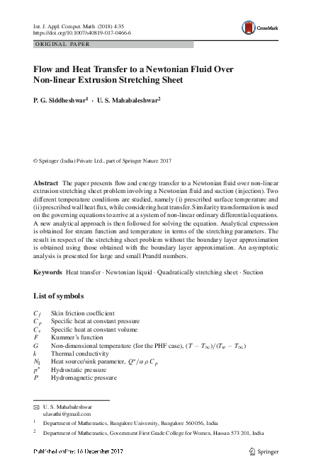 (PDF) Flow and Heat Transfer to a Newtonian Fluid Over Non-linear ...