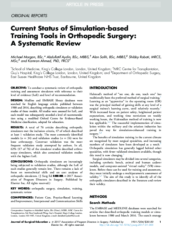 (PDF) Current Status of Simulation-based Training Tools in Orthopedic Surgery: A Systematic Review