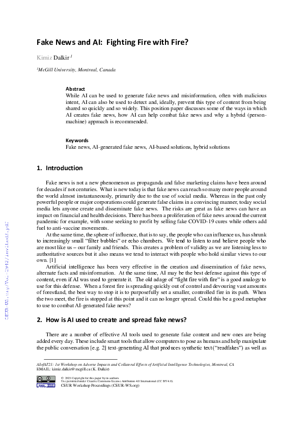 (PDF) Fake News and AI: Fighting Fire with Fire?