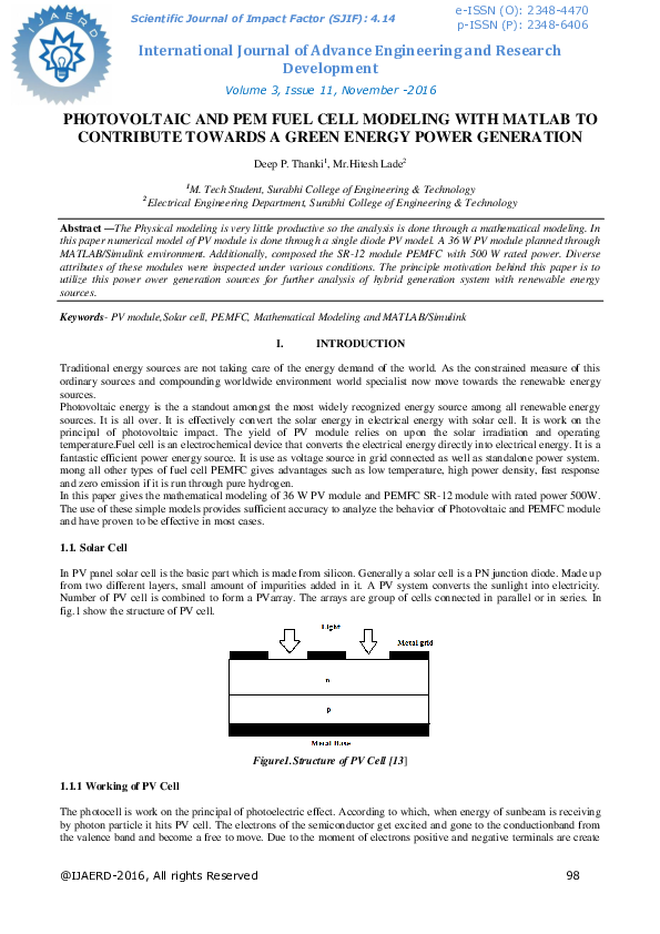 Pdf Photovoltaic And Pem Fuel Cell Modeling With Matlab To Contribute