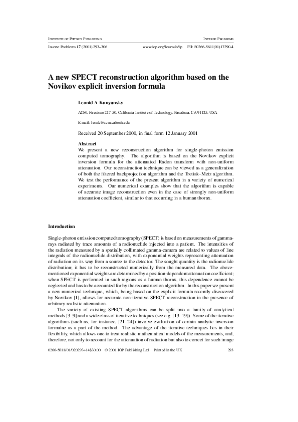 Pdf A New Spect Reconstruction Algorithm Based On The Novikov