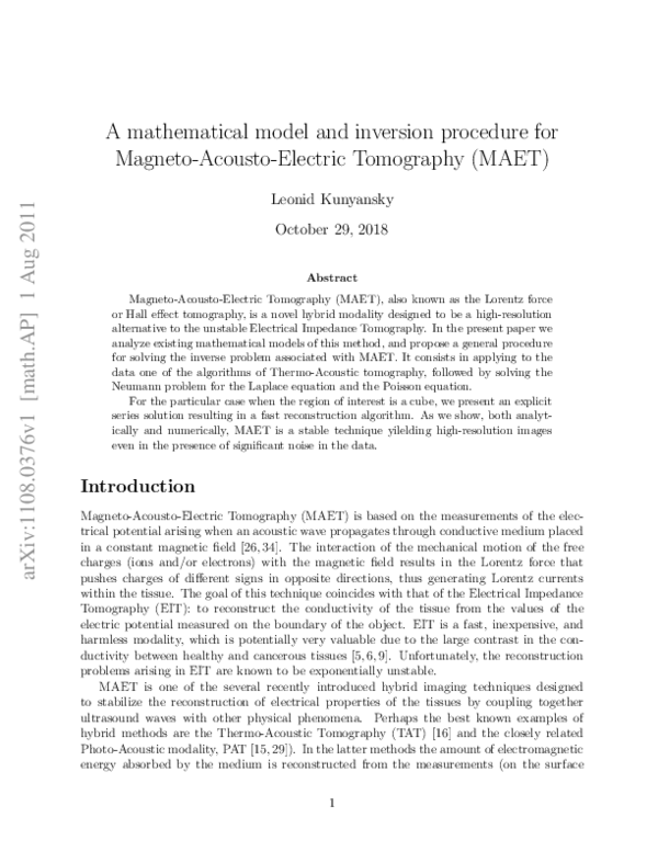 (PDF) A mathematical model and inversion procedure for magneto-acousto ...