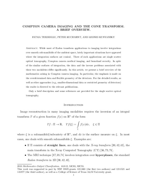 (PDF) Compton camera imaging and the cone transform: a brief overview