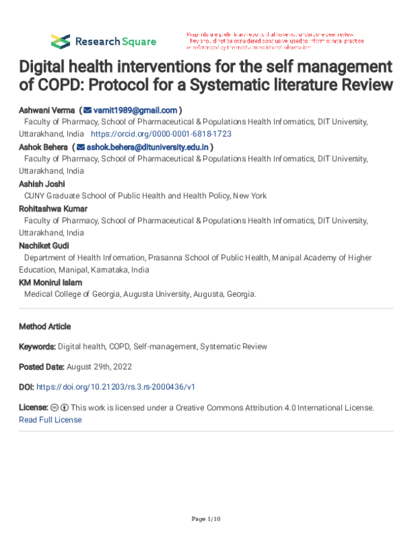 (PDF) Digital health interventions for the self management of COPD: Protocol for a Systematic ...