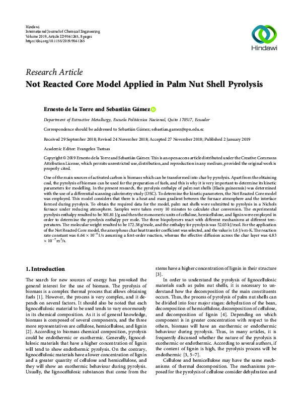 (PDF) Not Reacted Core Model Applied in Palm Nut Shell Pyrolysis