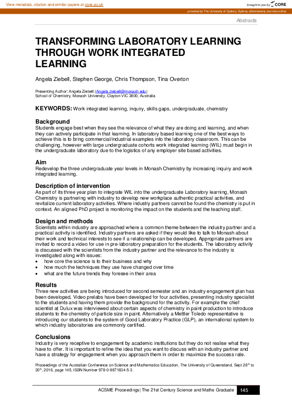 (PDF) Transforming laboratory learning through work integrated learning