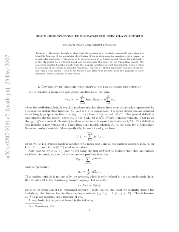 (PDF) Some Observations for Mean-Field Spin Glass Models