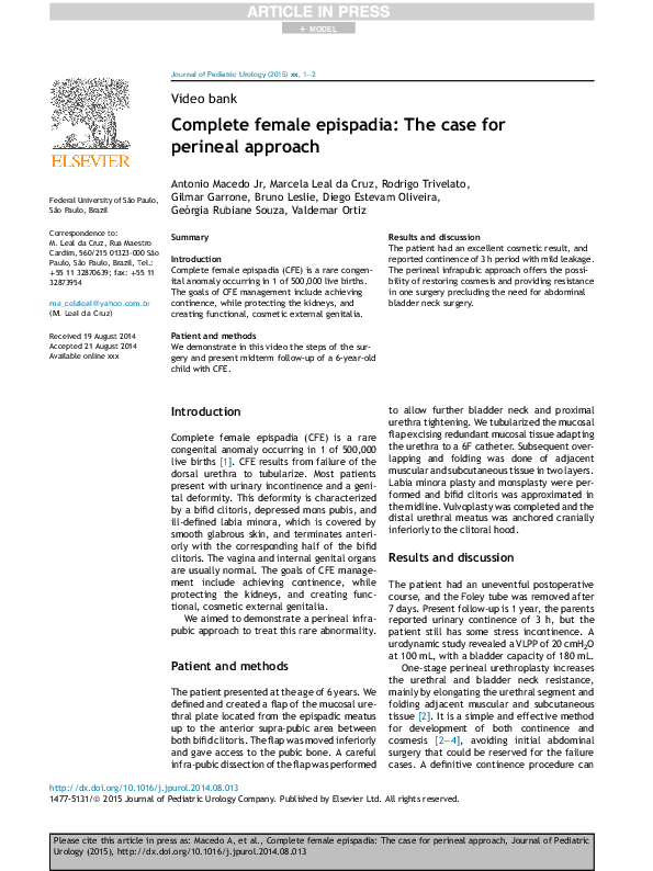 (PDF) Complete female epispadia: The case for perineal approach ...