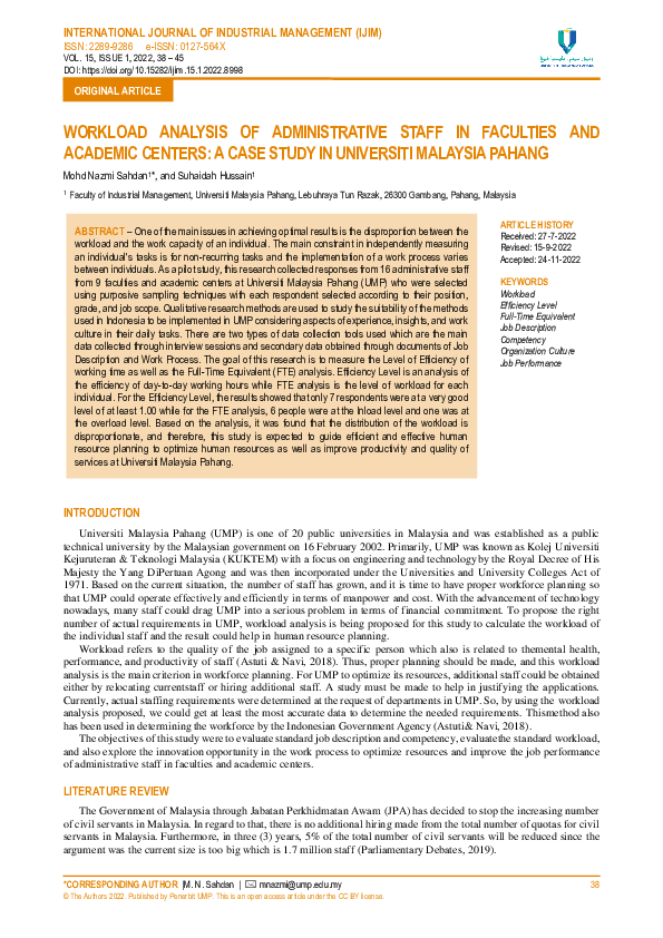 (PDF) Workload Analysis of Administrative Staff in Faculties and Academic Centers: A Case Study ...