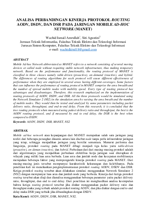 Pdf Analisa Perbandingan Kinerja Protokol Routing Aodv Dsdv Dan Dsr Pada Jaringan Mobile Ad