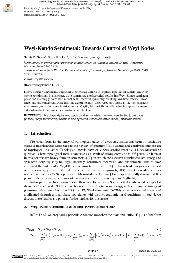 (PDF) Weyl–Kondo Semimetal: Towards Control of Weyl Nodes