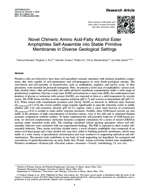 (PDF) Novel Chimeric Amino Acid-Fatty Alcohol Ester Amphiphiles Self ...