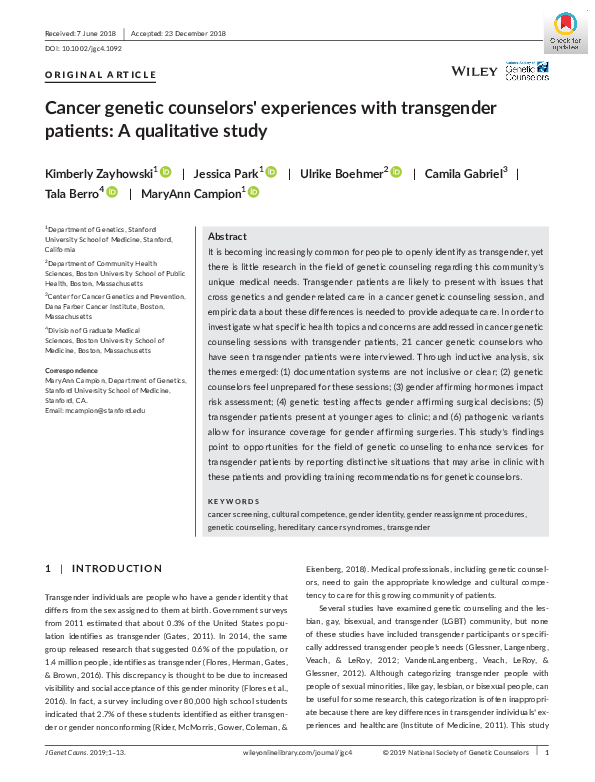 (PDF) Cancer genetic counselors' experiences with transgender patients ...