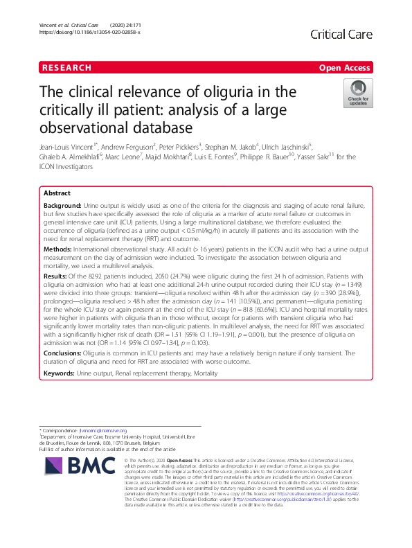 (PDF) The clinical relevance of oliguria in the critically ill patient: analysis of a large ...