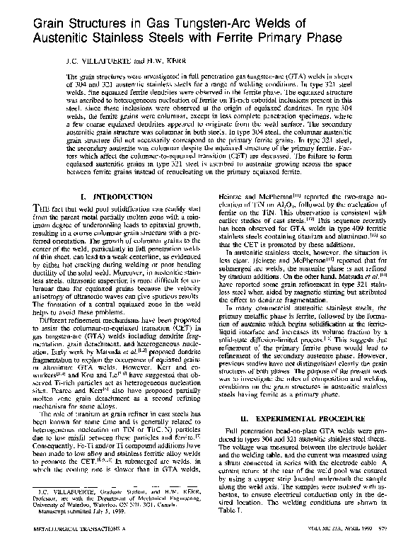 (PDF) Grain structures in gas tungsten-arc welds of austenitic ...