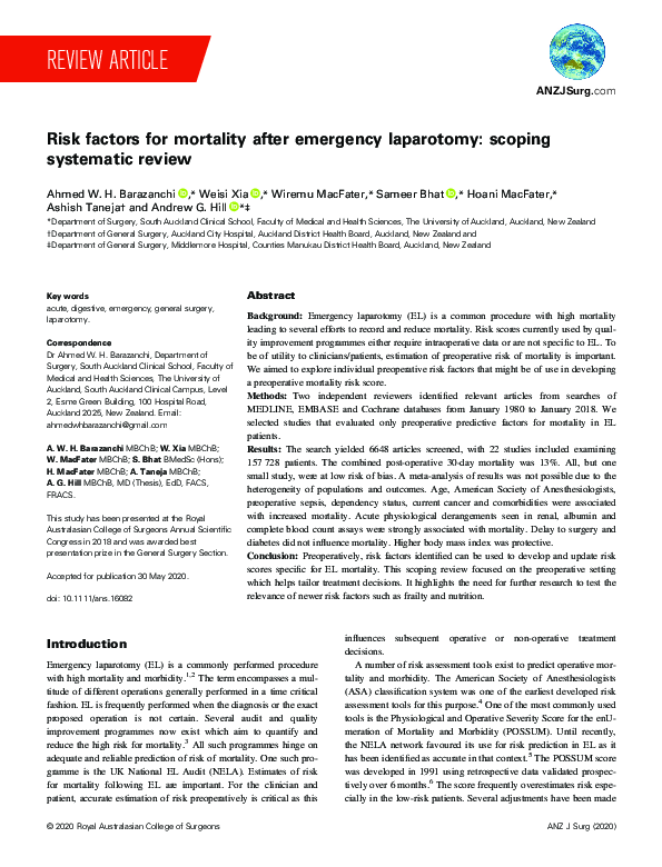 (PDF) Risk factors for mortality after emergency laparotomy: scoping ...