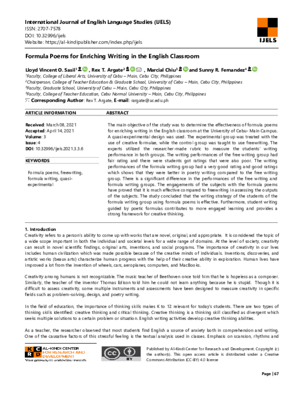 (PDF) Formula Poems for Enriching Writing in the English Classroom