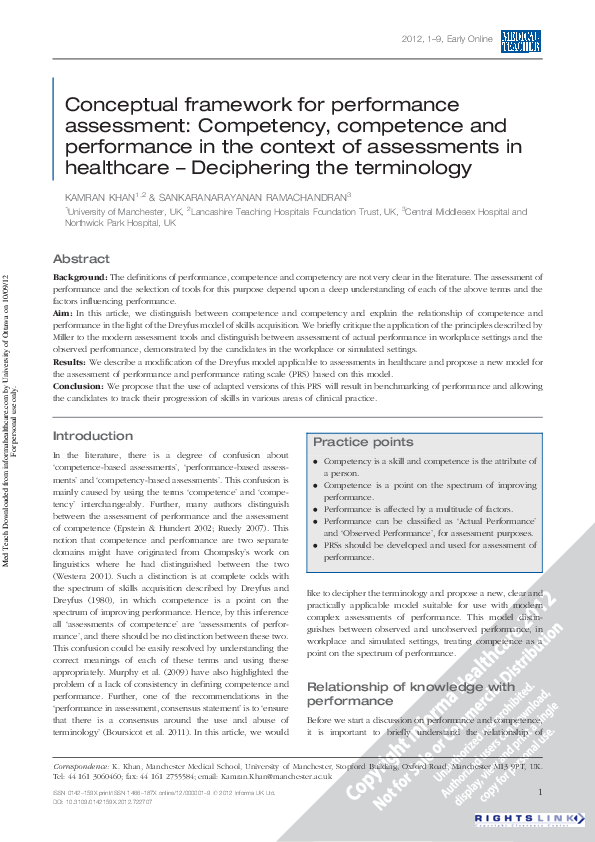 (PDF) Conceptual framework for performance assessment: Competency, competence and performance in ...