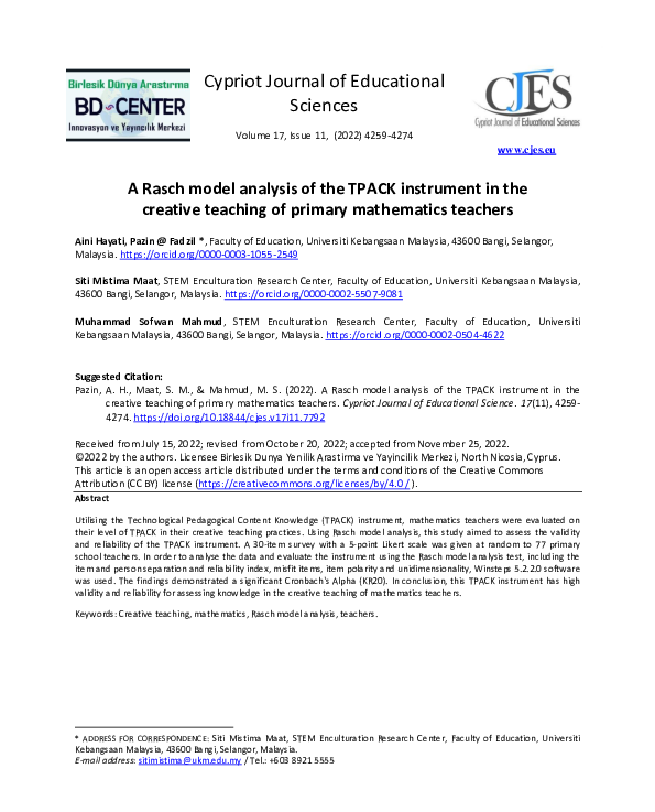 (PDF) A Rasch model analysis of the TPACK instrument in the creative ...