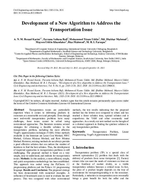 (PDF) Development of a New Algorithm to Address the Transportation Issue