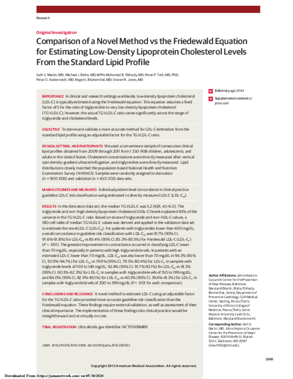 (PDF) Comparison of a Novel Method vs the Friedewald Equation for ...