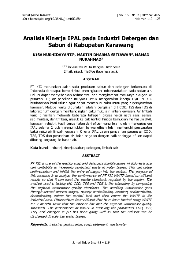 (PDF) Analisis Kinerja IPAL pada Industri Detergen dan Sabun di Kabupaten Karawang