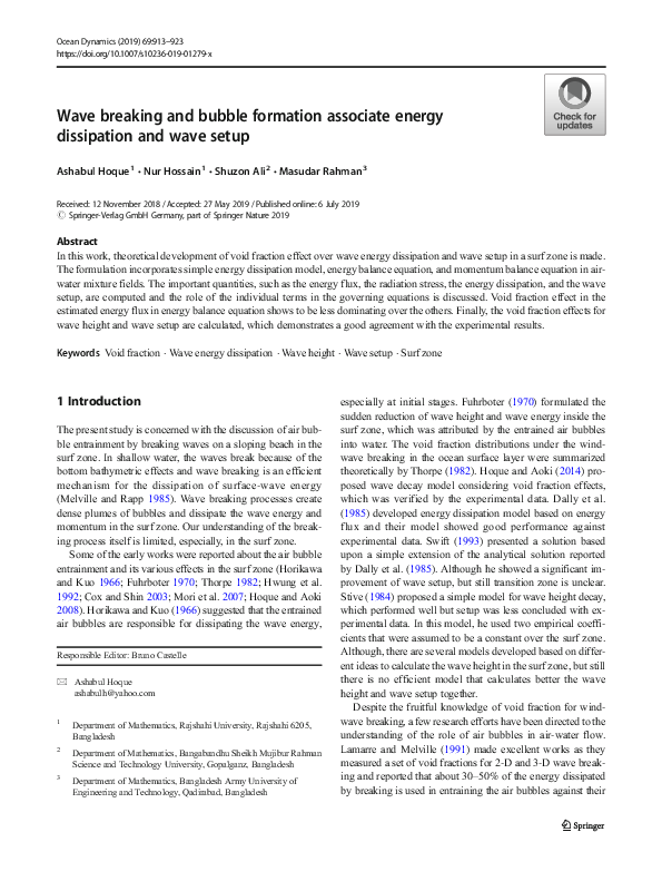 Pdf Wave Breaking And Bubble Formation Associate Energy Dissipation And Wave Setup