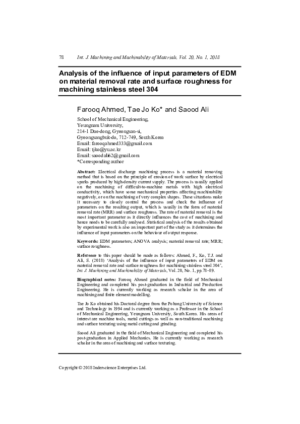 Pdf Analysis Of The Influence Of Input Parameters Of Edm On Material Removal Rate And Surface