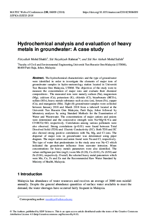 (PDF) Hydrochemical analysis and evaluation of heavy metals in groundwater: A case study