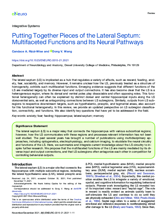 (PDF) Putting Together Pieces of the Lateral Septum: Multifaceted ...