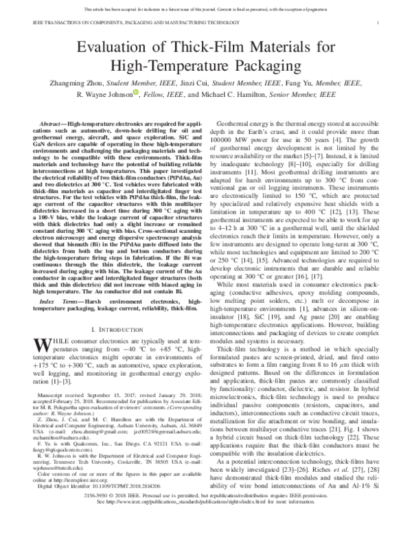 (PDF) Evaluation of Thick-Film Materials for High-Temperature Packaging