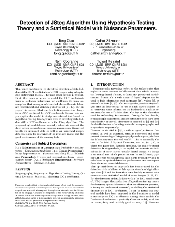 Pdf Detection Of Jsteg Algorithm Using Hypothesis Testing Theory And
