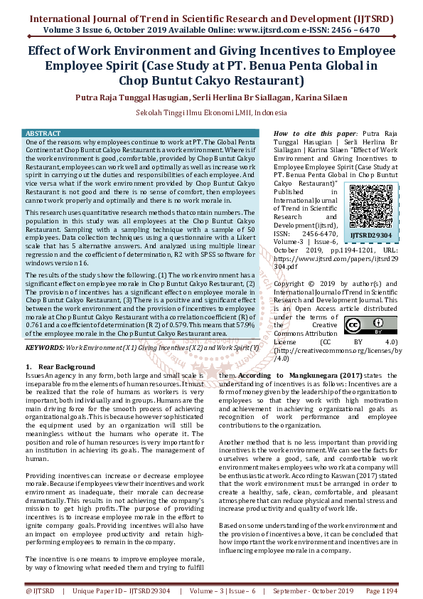 (PDF) Effect of Work Environment and Giving Incentives to Employee ...