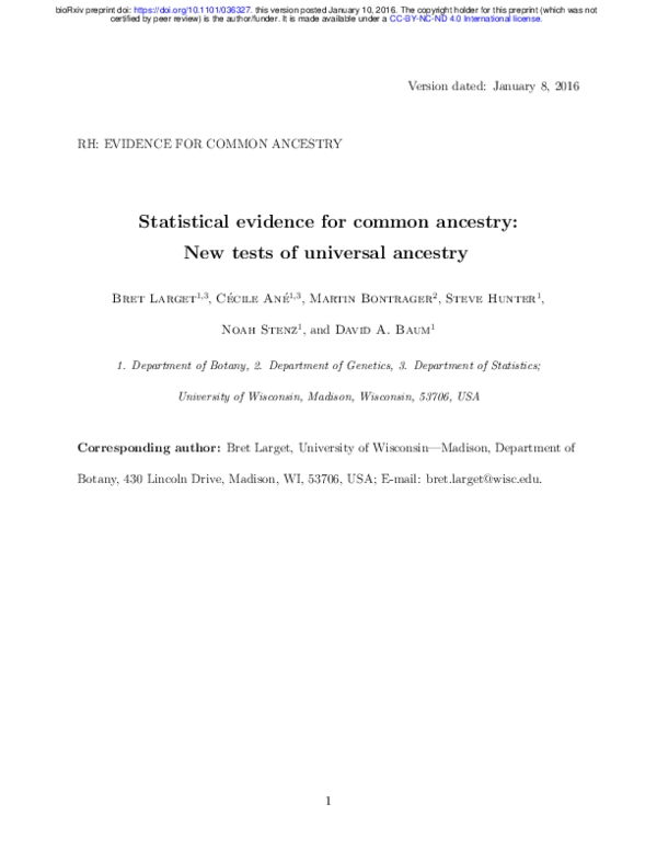 (PDF) Statistical evidence for common ancestry: New tests of universal ...