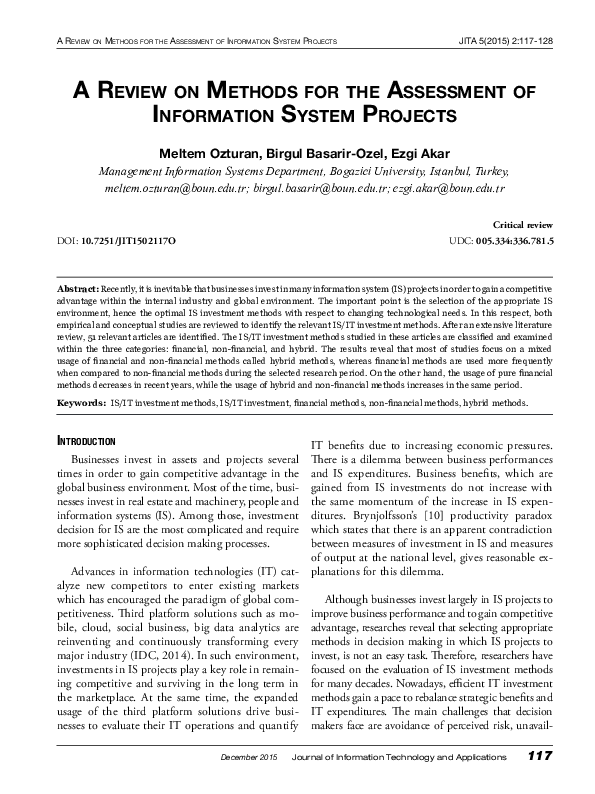 (PDF) A Review on Methods for the Assessment of Information System Projects
