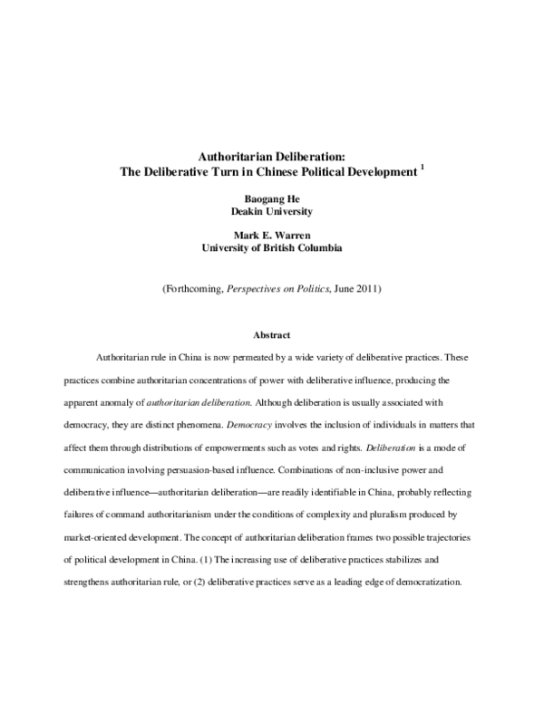 (PDF) Authoritarian Deliberation: The Deliberative Turn in Chinese Political Development