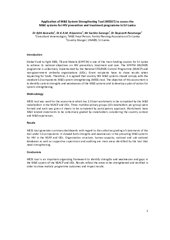 (PDF) Application of M&E System Strengthening Tool (MESST) to assess the M&E systems for HIV ...