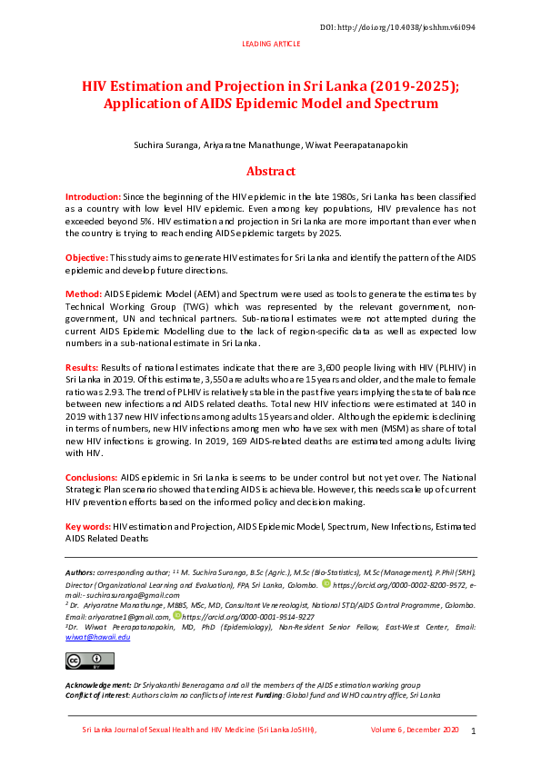(PDF) HIV Estimation and Projection in Sri Lanka (2019-2025 ...