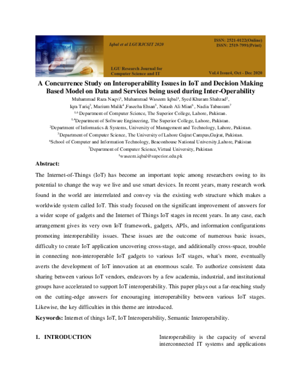 (PDF) A Concurrence Study on Interoperability Issues in IoT and Decision Making Based Model on ...
